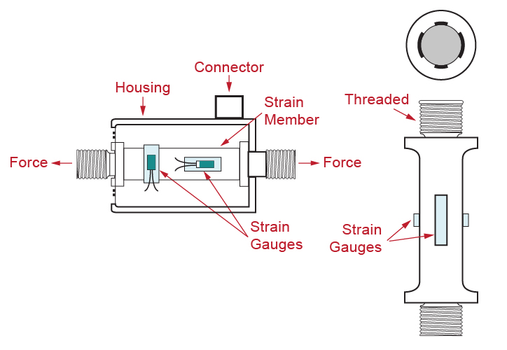 Two gauges sense axial strain and two sense transverse strain.